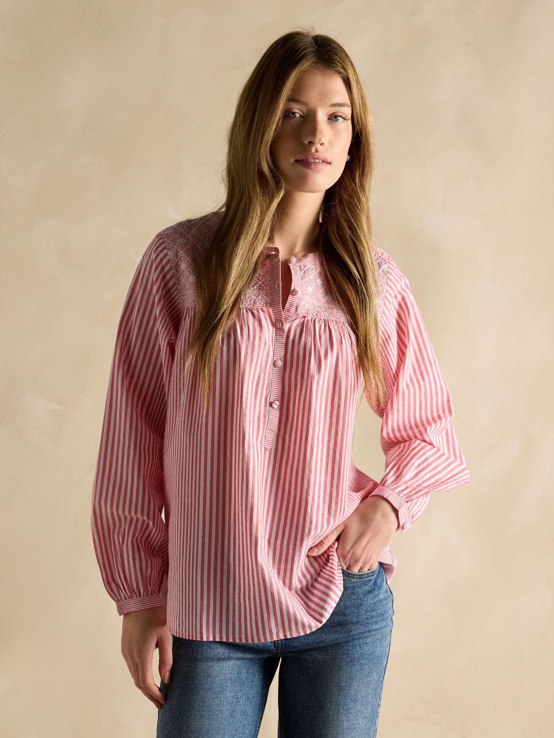 Amelie Red/White Embroidered Cotton Blouse - Joules